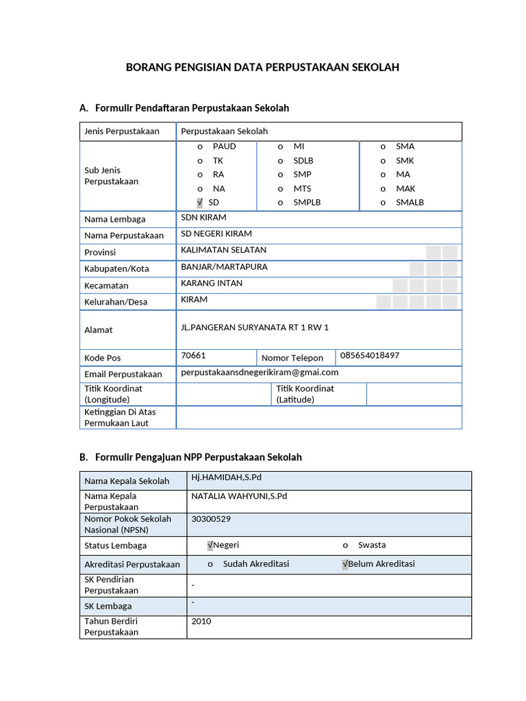 Borang Pengisian Data Perpustakaan Sekolah | PDF