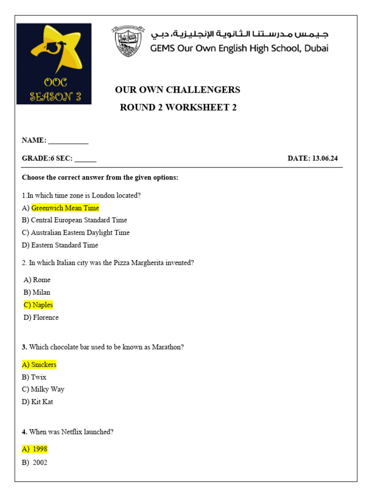 Ooc - Round 2 Worksheet 2-Answer Key | PDF