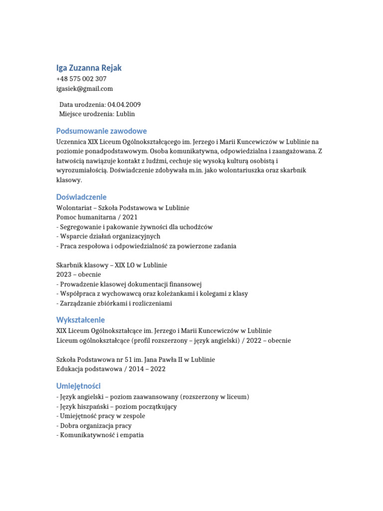 CV Iga Rejak Z Daty | PDF