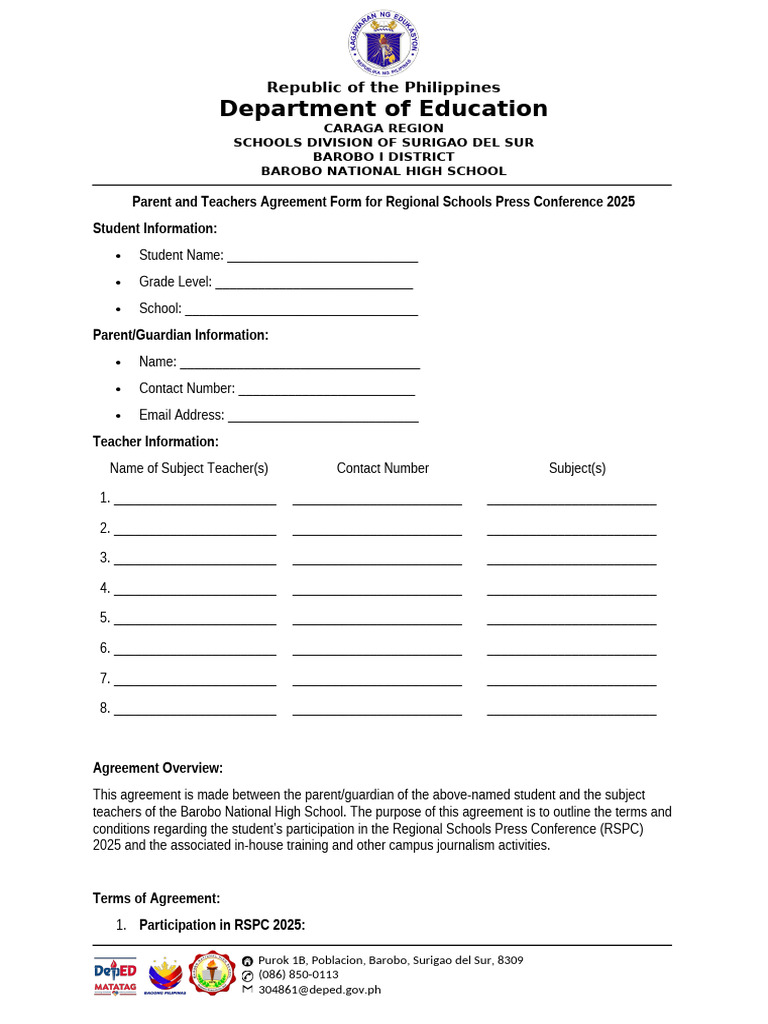 Parent Teachers Agreement Form | PDF