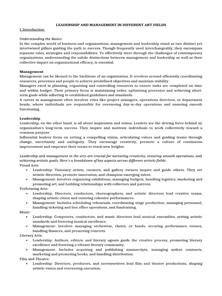 Leadership and Management in Different Art Fields Handouts | PDF ...