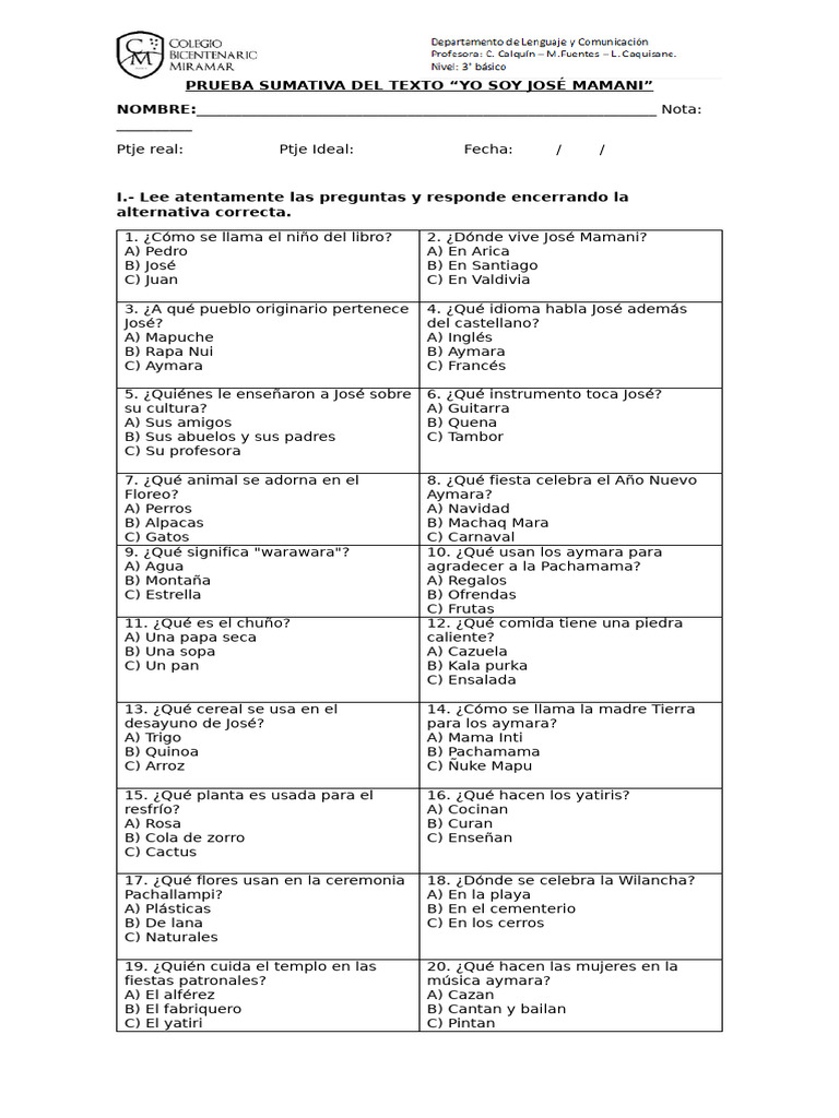 Prueba de Comprensión: "Yo Soy José Mamani" | PDF