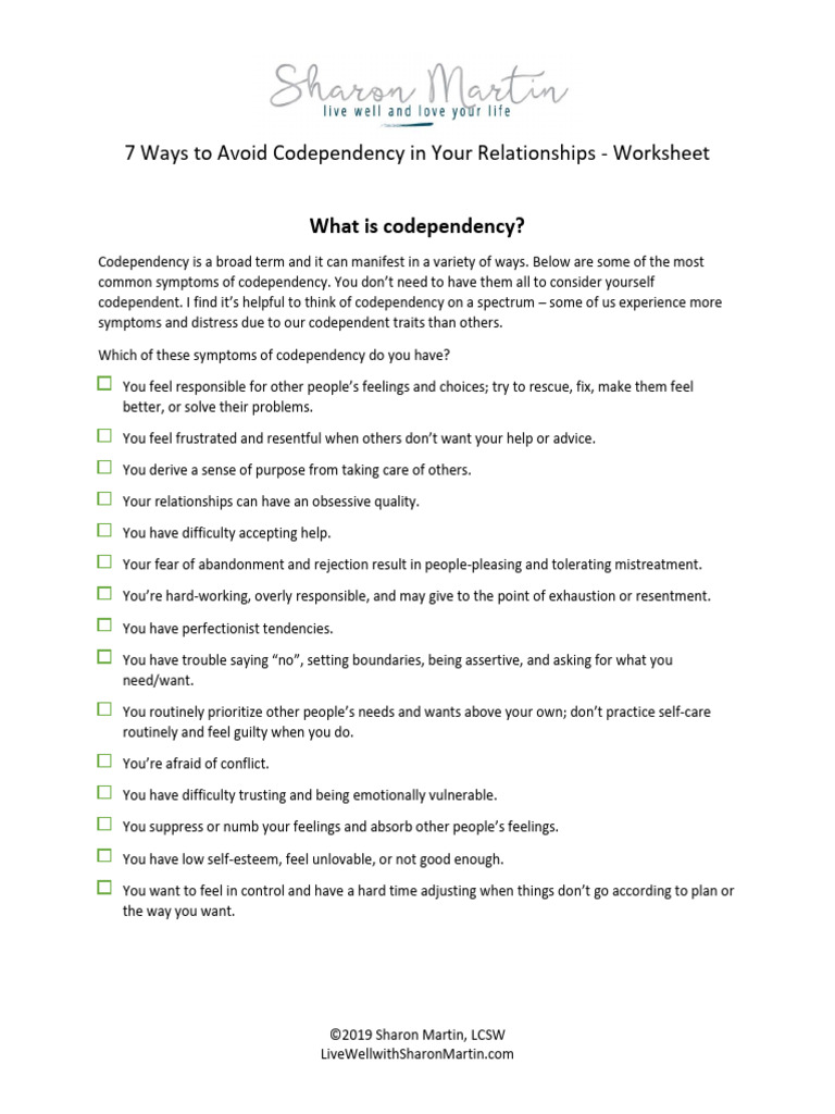 Codependency Avoidance Worksheet | PDF | Self Esteem | Emotions