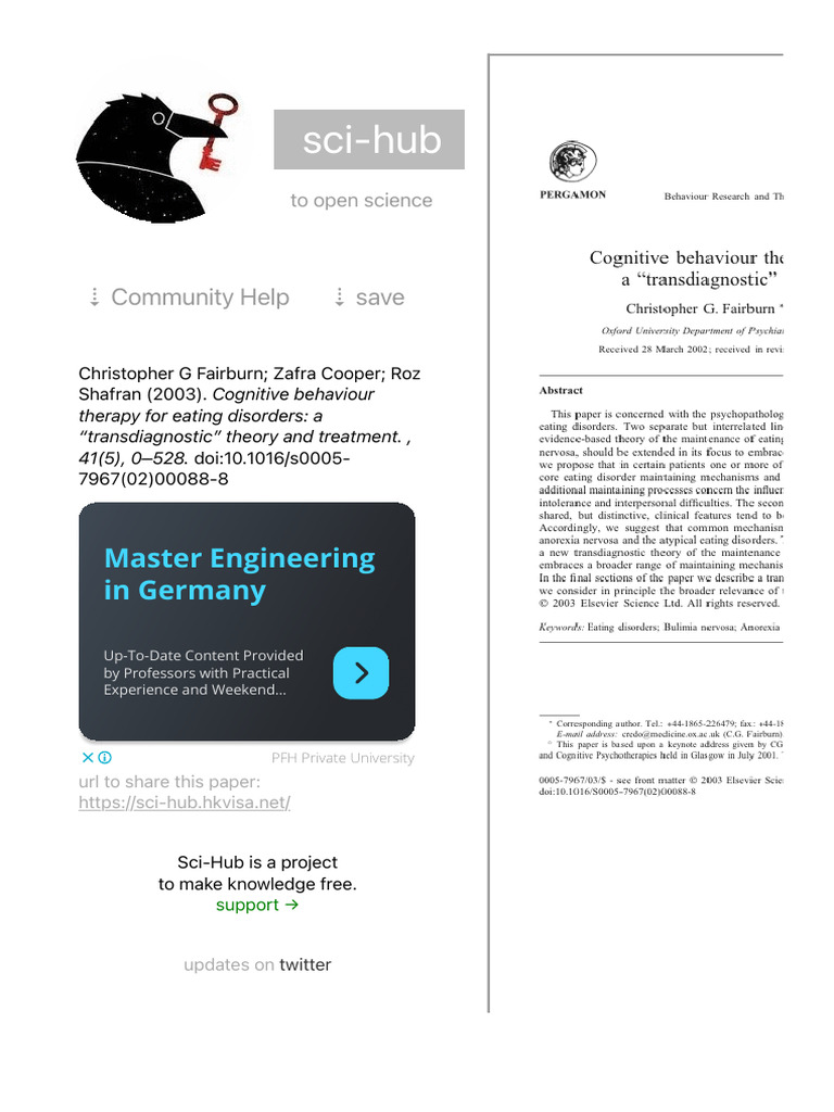 Sci-Hub - Cognitive Behaviour Therapy For Eating Disorders - A "Transdiagnostic" Theory and ...