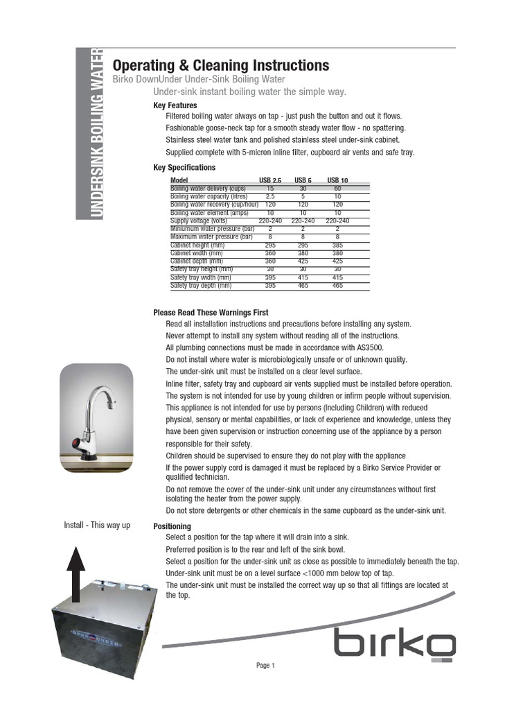 Birko DownUnder User Manual | PDF | Water | Sink
