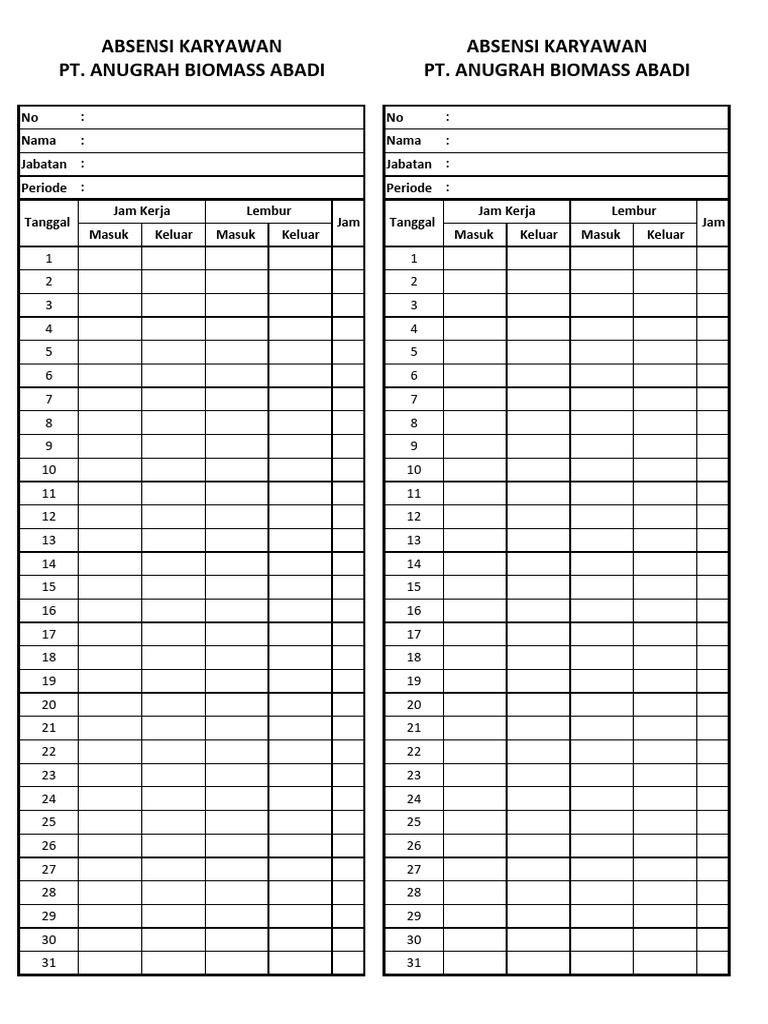 Formulir Absensi Karyawan PT. ABA | PDF