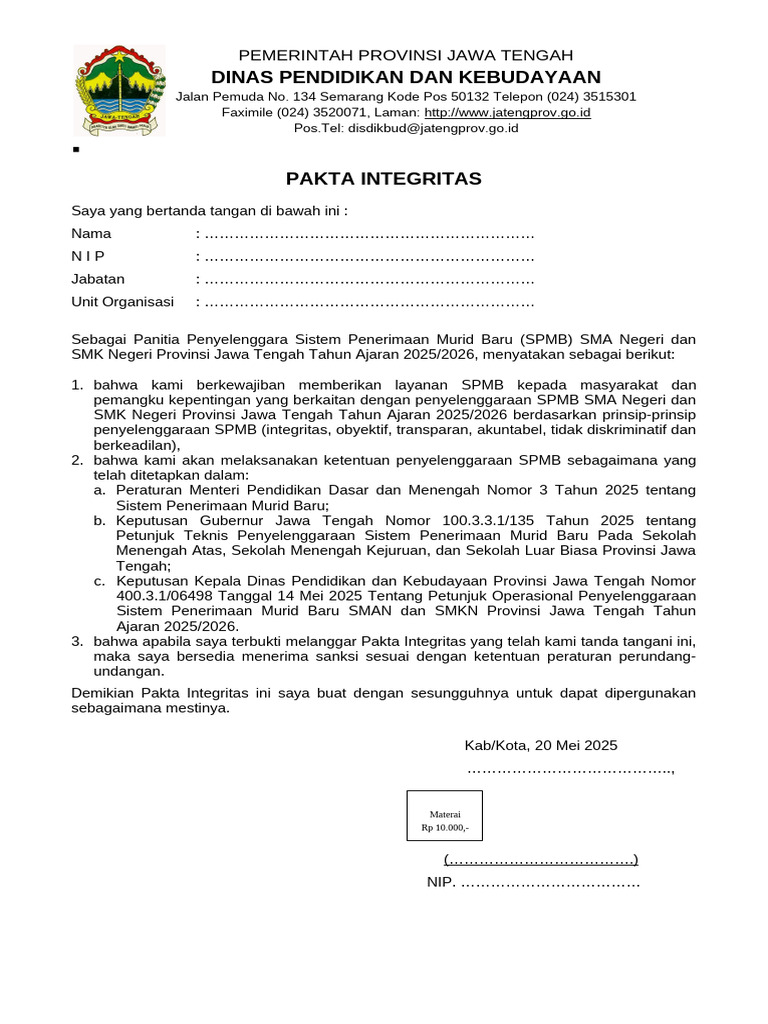 Pakta Integritas Panitia Spmb 2025 (1) (1) | PDF