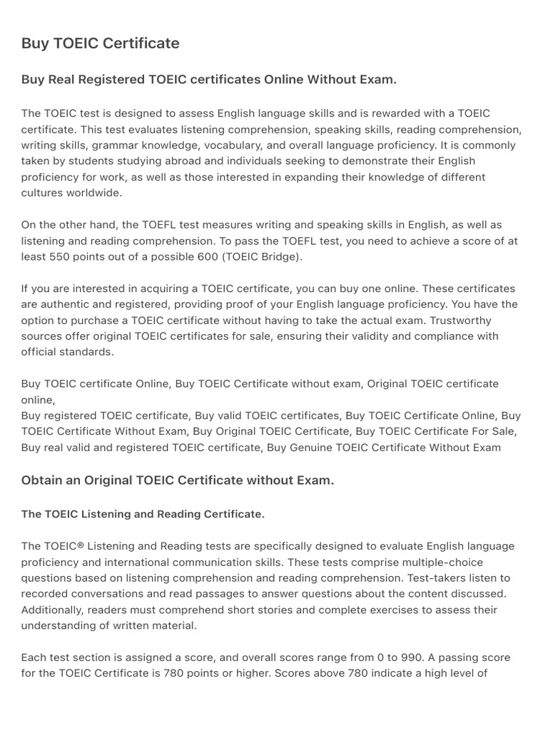 Buy TOEIC Certificate | PDF | Test Of English As A Foreign Language ...