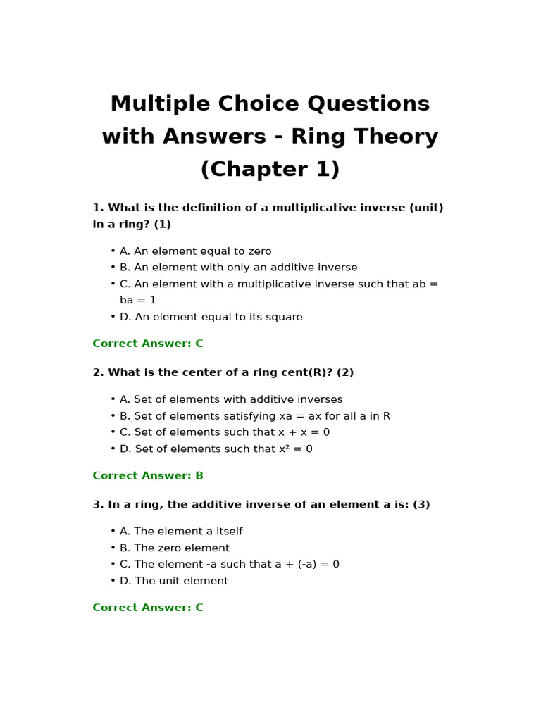 Ring Theory MCQs with Answers | PDF | Ring (Mathematics) | Chess Theory
