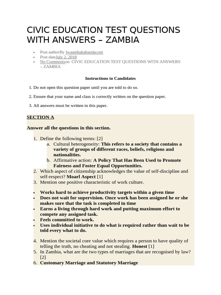 Civic Education Test Questions & Answers | PDF | Justice | Crime & Violence