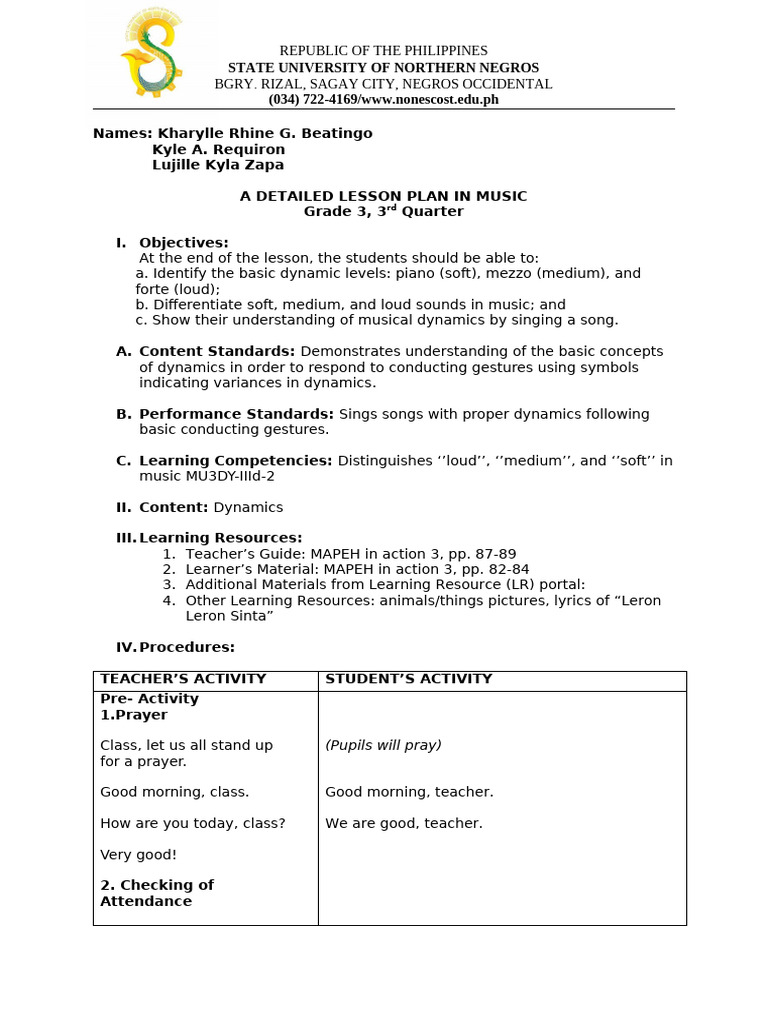 Lessson Plan Final Music | PDF | Lesson Plan | Singing