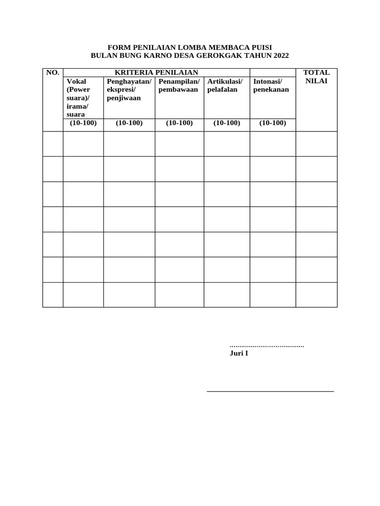Form Penilaian Lomba Bulan Bung Karno | PDF