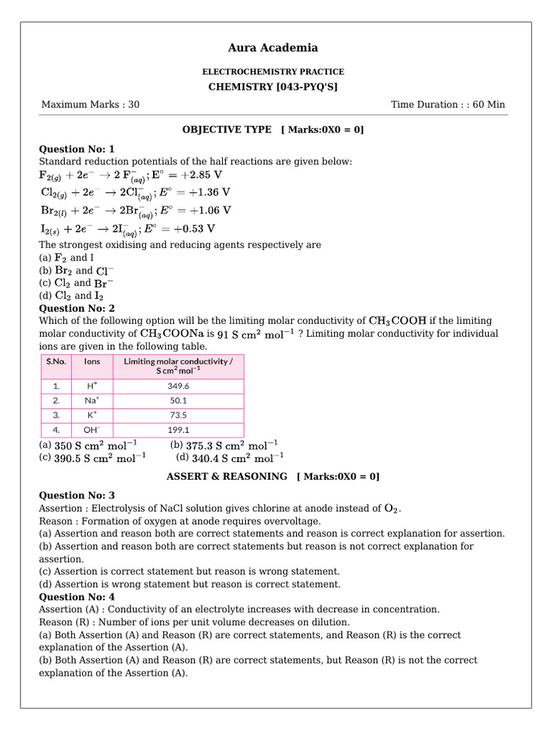 Electrochemistry Practice Questions | PDF | Electrochemistry | Physical ...