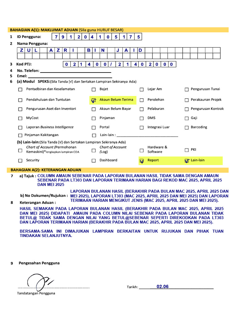 Aduan Laporan Bulanan Hasil Salah | PDF