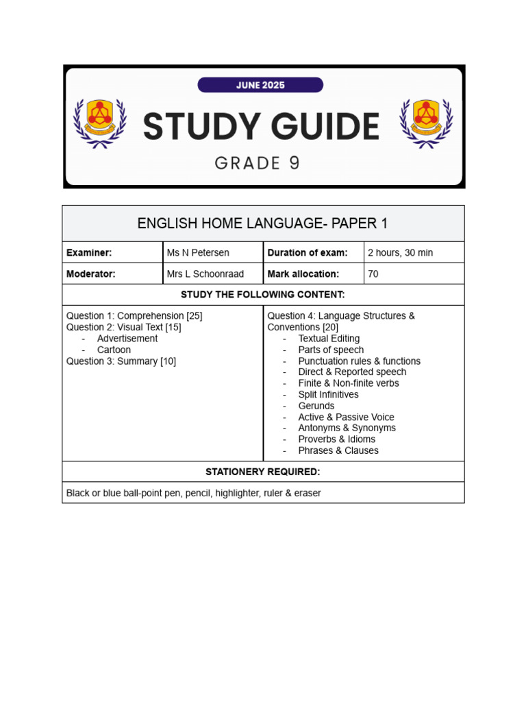 Grade 9 Study Guide June 2025 | PDF | Linguistics | Semantic Units