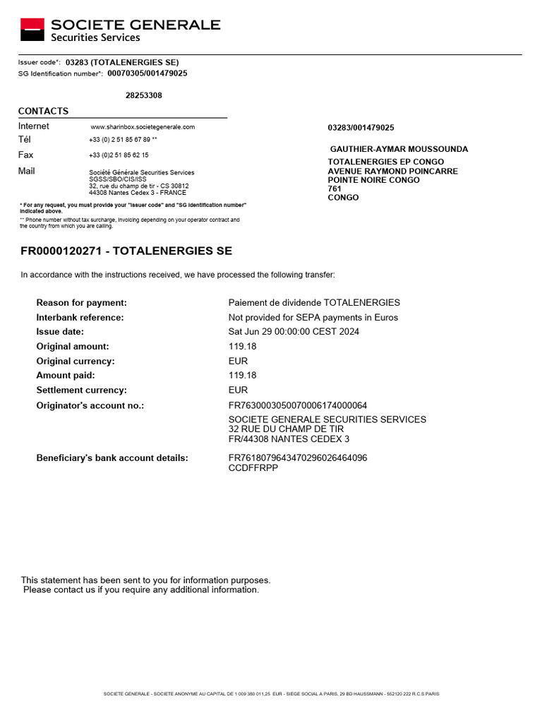 TotalEnergies Dividend Settlement Notice | PDF | Payments | Banking