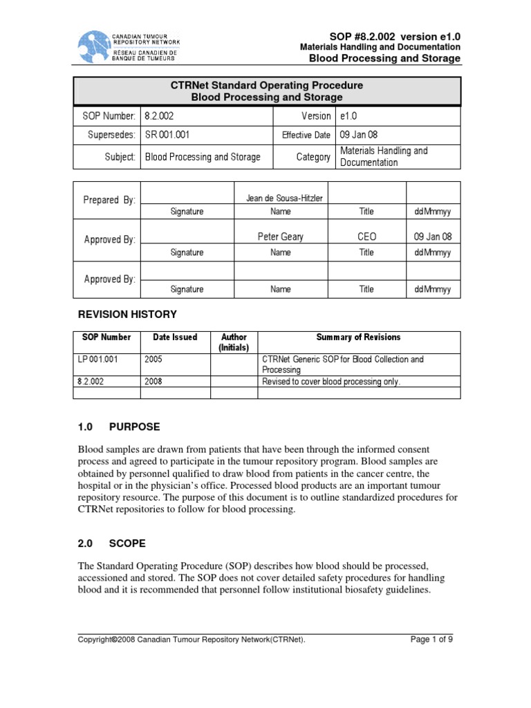 Blood Processing - Standard Operating Procedure | PDF | Blood Plasma ...