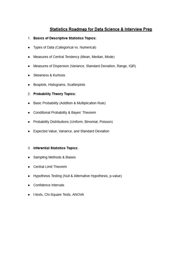 Statistics Roadmap For Data Science & Interview Prep | PDF