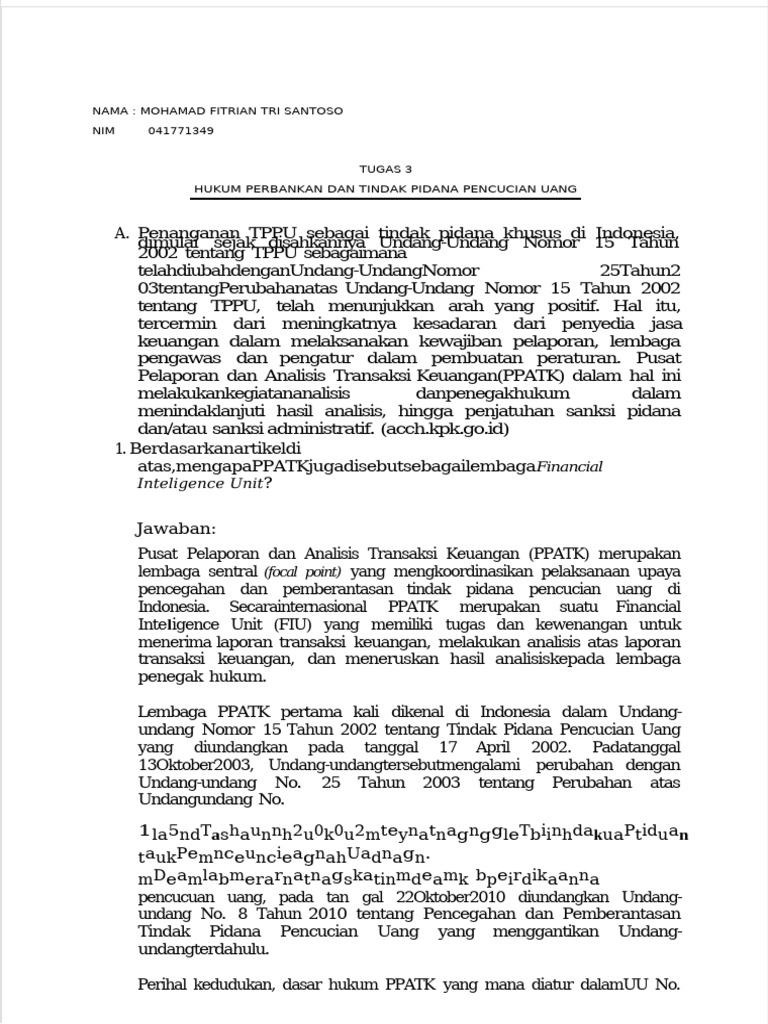 Financial Inteligence Unit: Nama: Mohamad Fitrian Tri Santoso NIM 041771349 | PDF