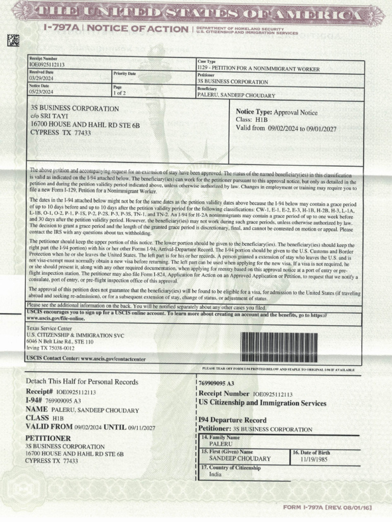 I-797A Notice - Sandeep Paleru H1B Ext Approval | PDF