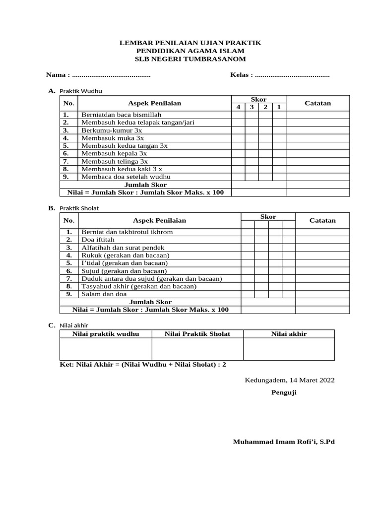 Lembar Penilaian Ujian Praktik | PDF