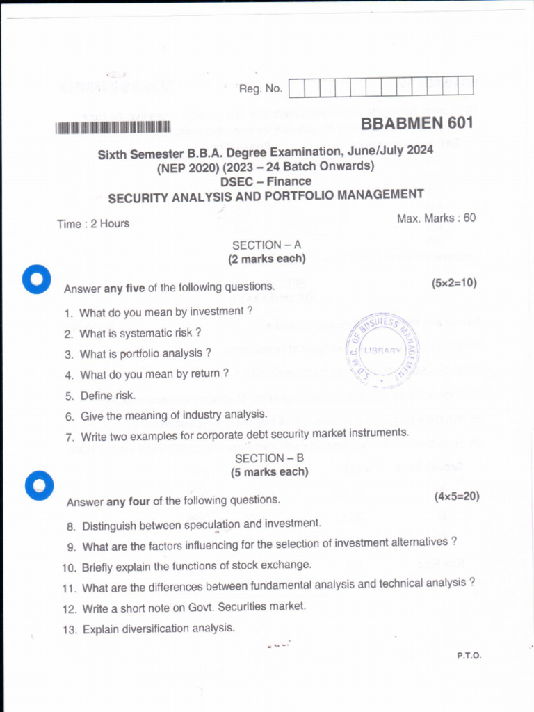 BBA VI Semester Security Analysis and Portfolio Management July 2024 ...