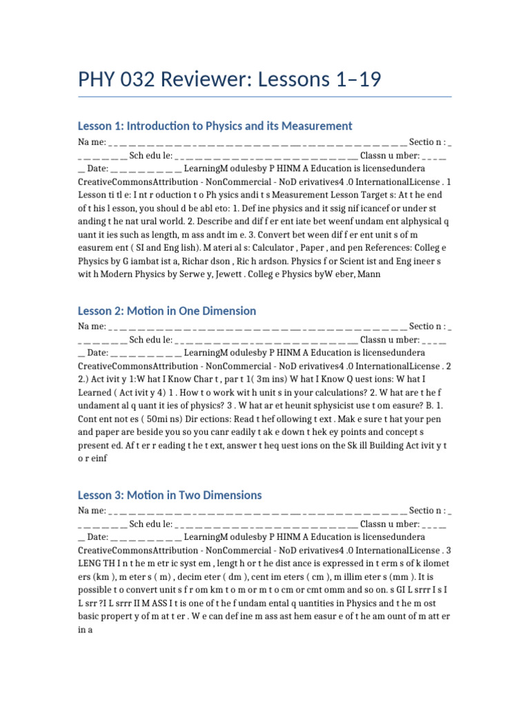 PHY 032 Lessons 1 To 19 Reviewer | PDF | Physics | Mechanics