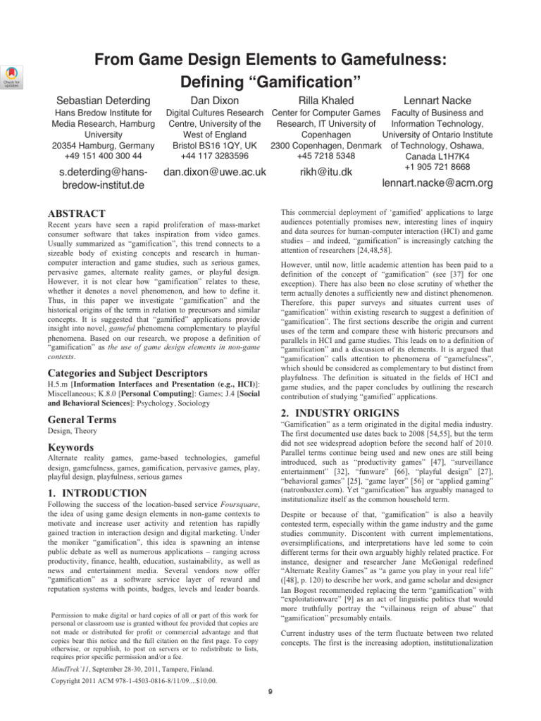 From Game Design Elements To Gamefulness: Defining "Gamification" | PDF | Human–Computer ...
