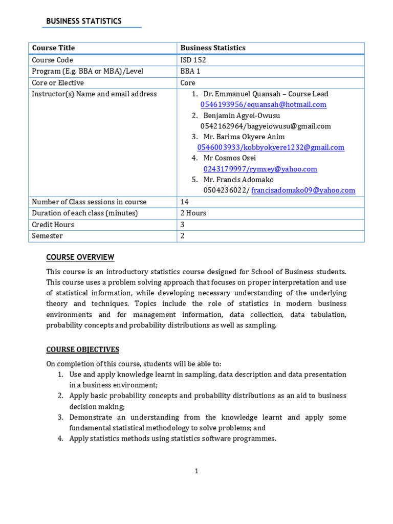 Course Outline For Business Statistics (ISD 152) - 2021 | PDF ...