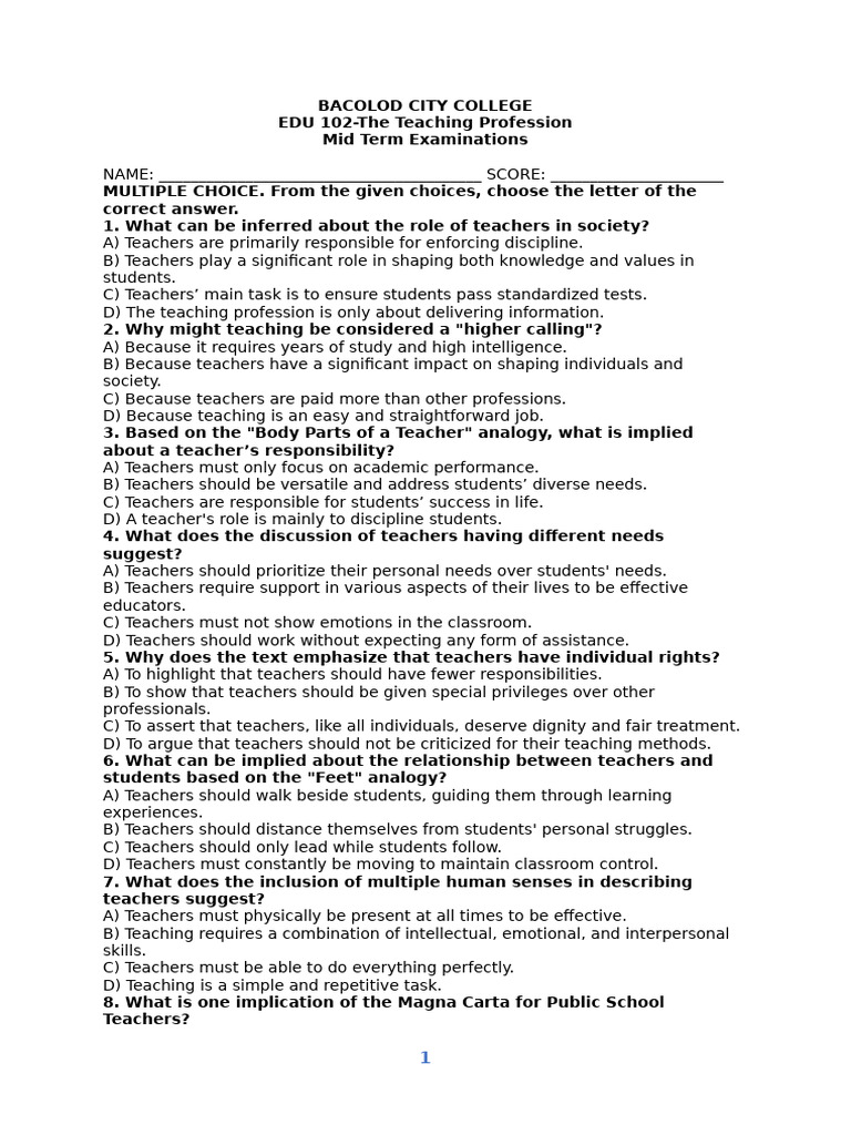The Teaching Profession Mid Term Examinations | PDF | Teachers | Pedagogy