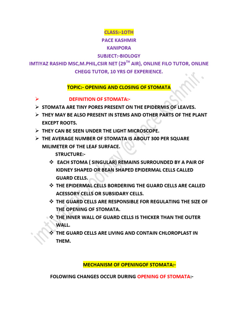 Mechanisms of Stomatal Opening and Closing | PDF | Stoma | Biology