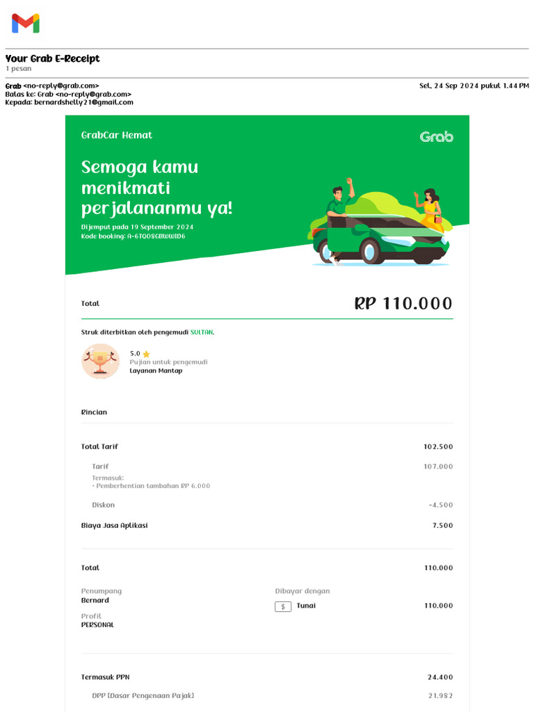 E-Receipt GrabCar: Rincian Perjalanan Anda | PDF