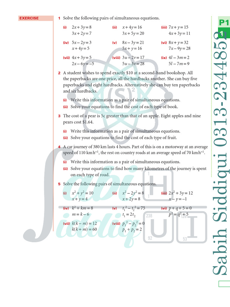 Simultaneous Equations Exercise Alevel Pure Maths 1 | PDF