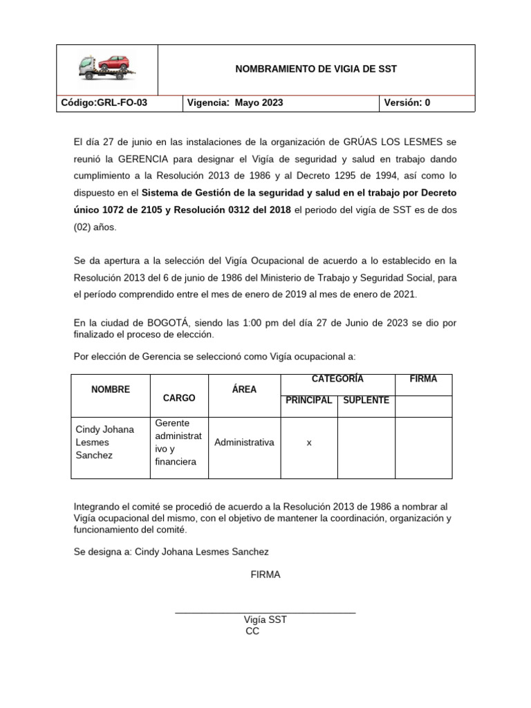 GRL-FO-04 Formato de Nombramiento de Vigia de SST | PDF