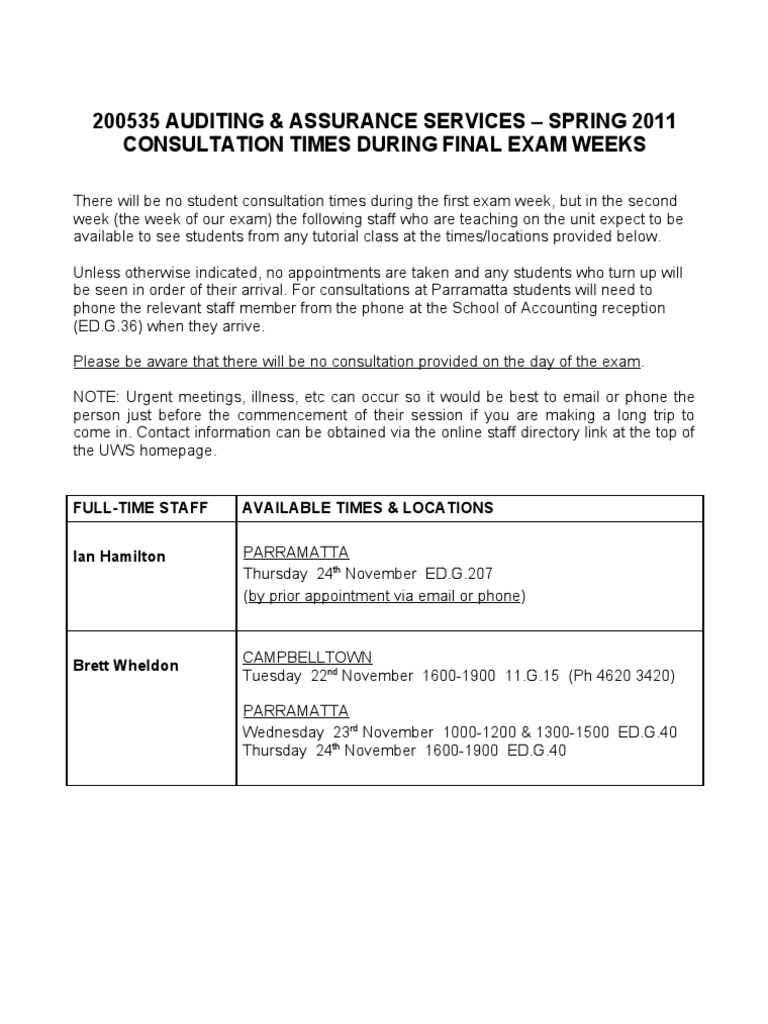 Auditing Consultation Schedule Spring 2011 | PDF