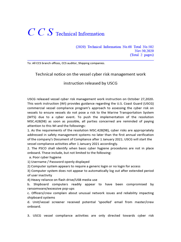 CCS 68-2020 - Cyber Risk Management Instruction Released by USCG | PDF | Computer Security ...