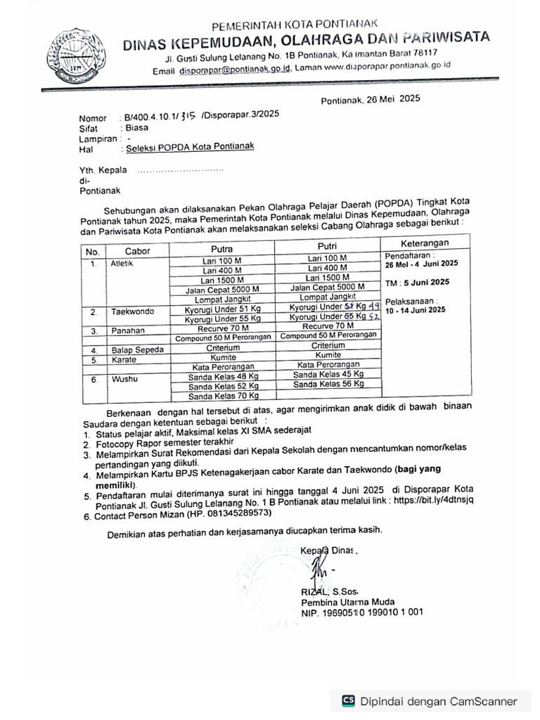 Surat Edaran Popda Kota Pontianak | PDF