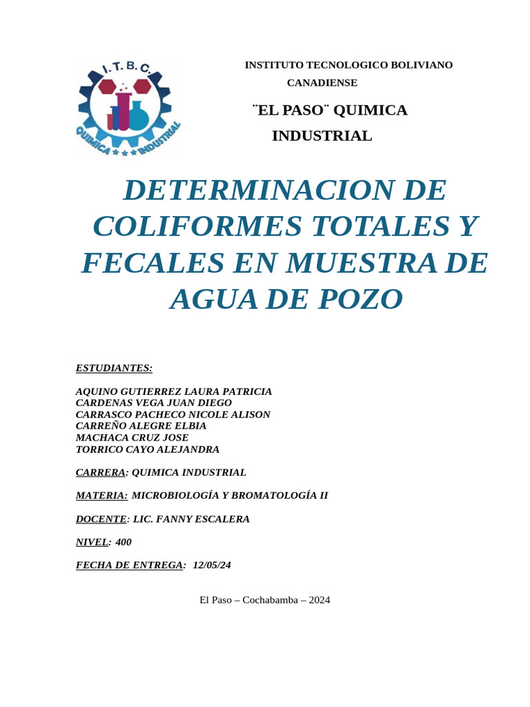 Determinación de Coliformes Totales y Fecales | PDF | Agua | Las bacterias