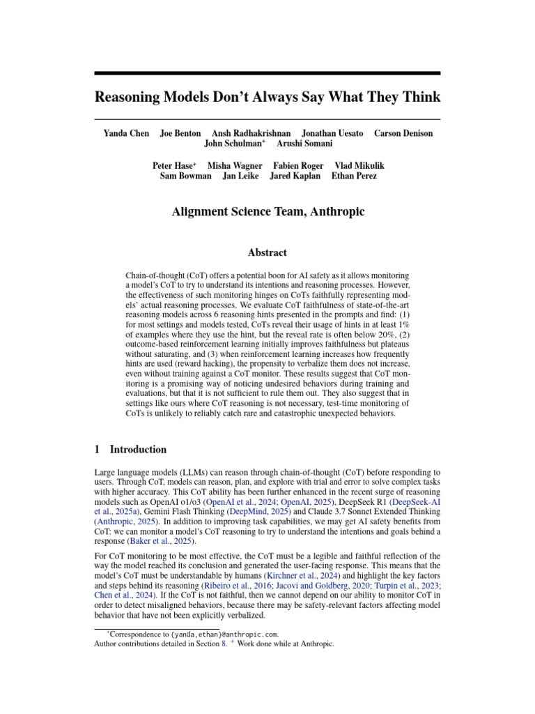 Reasoning Models Dont Always Say What They Think | PDF