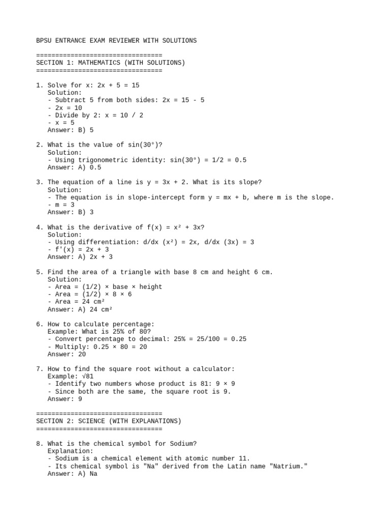 BPSU Entrance Exam Reviewer With Solutions | PDF | Sodium | Chemistry