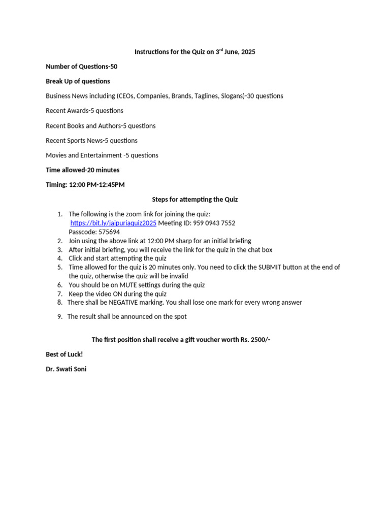 Instructions For Quiz | PDF