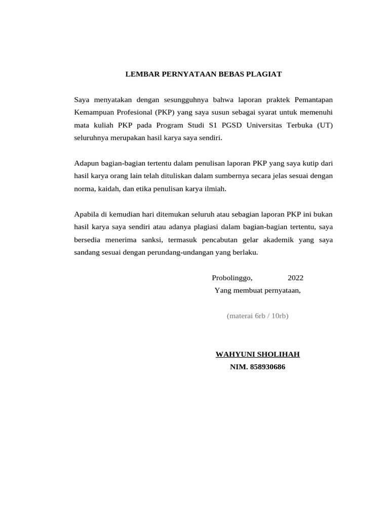 Lembar Pernyataan Bebas Plagiat | PDF