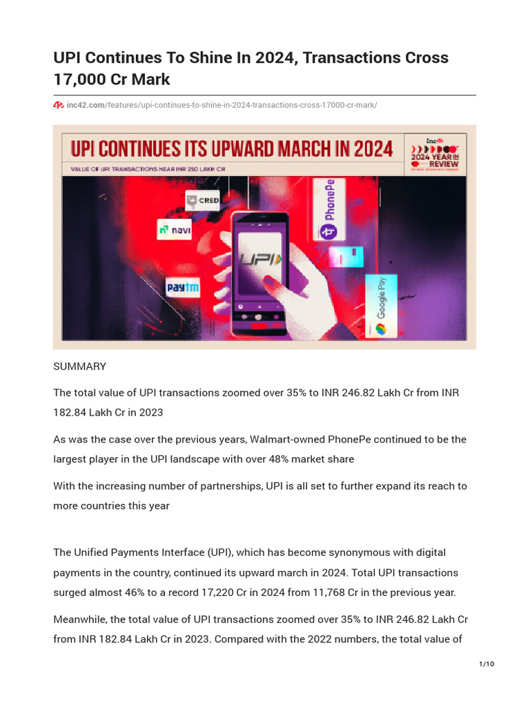 UPI Continues To Shine in 2024, Transactions Cross 17,000 CR Mark | PDF | Financial Technology ...