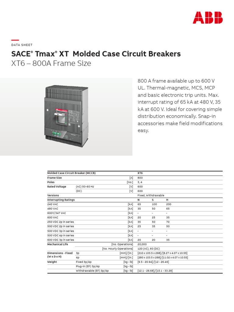 ABB XT6 MCCB Data Sheet | PDF | Alternating Current | Electrical ...