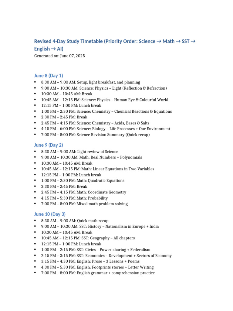 Revised Study Timetable SciToAI | PDF