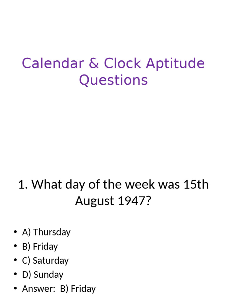 Calendar and Clock Aptitude Questions | PDF
