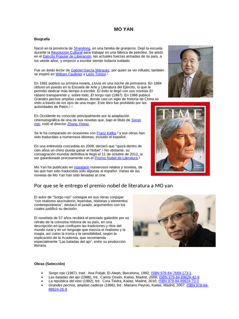 Biografía y logros de Mo Yan | PDF
