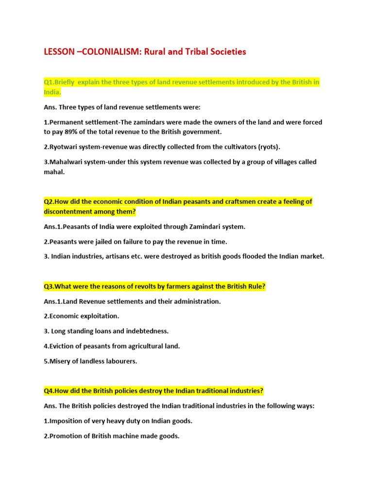 CH - Colonialism Rural and Tribal Societies Extra Questions | PDF ...