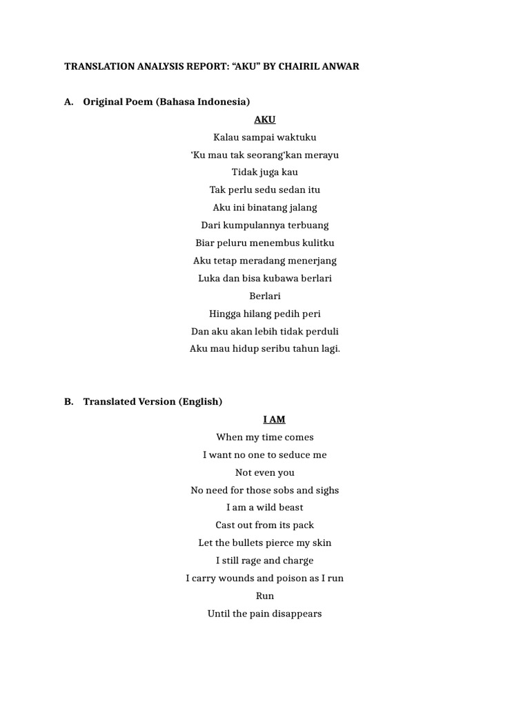Translation Analysis of "Aku" Poem | PDF | Translations | Human ...