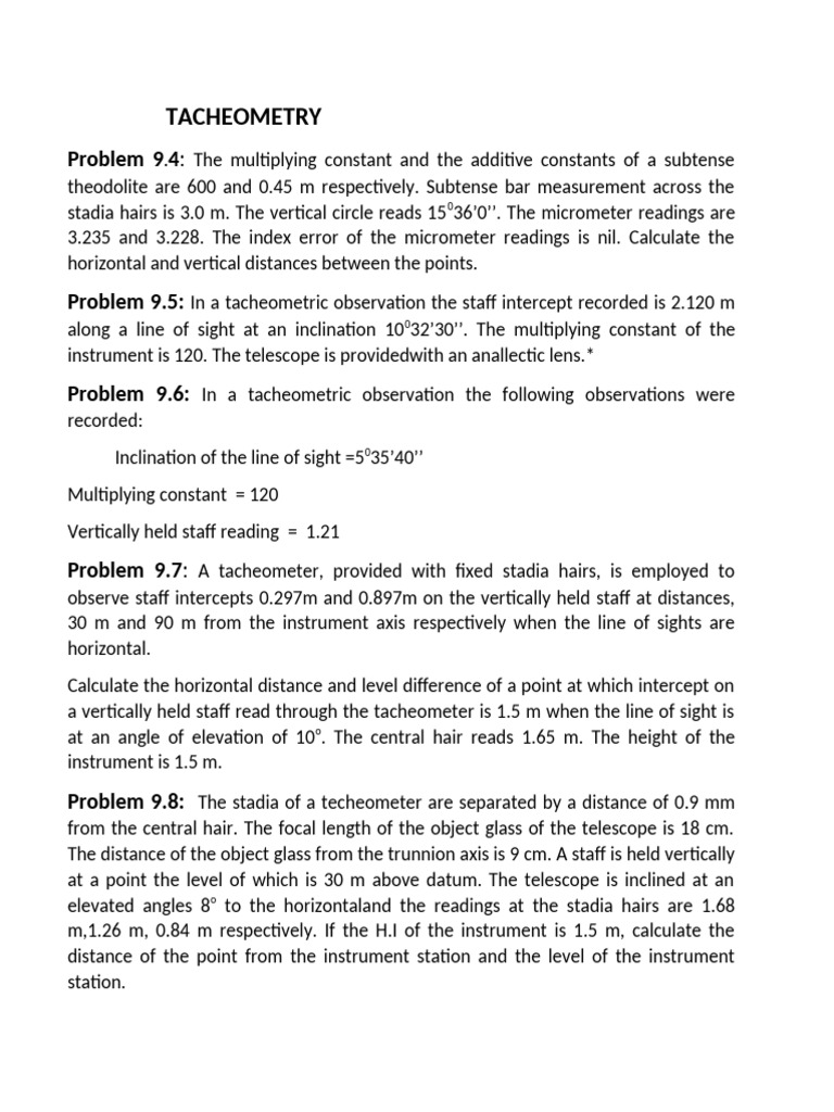 Tacheometry: Constants and Calculations | PDF | Geometric Measurement
